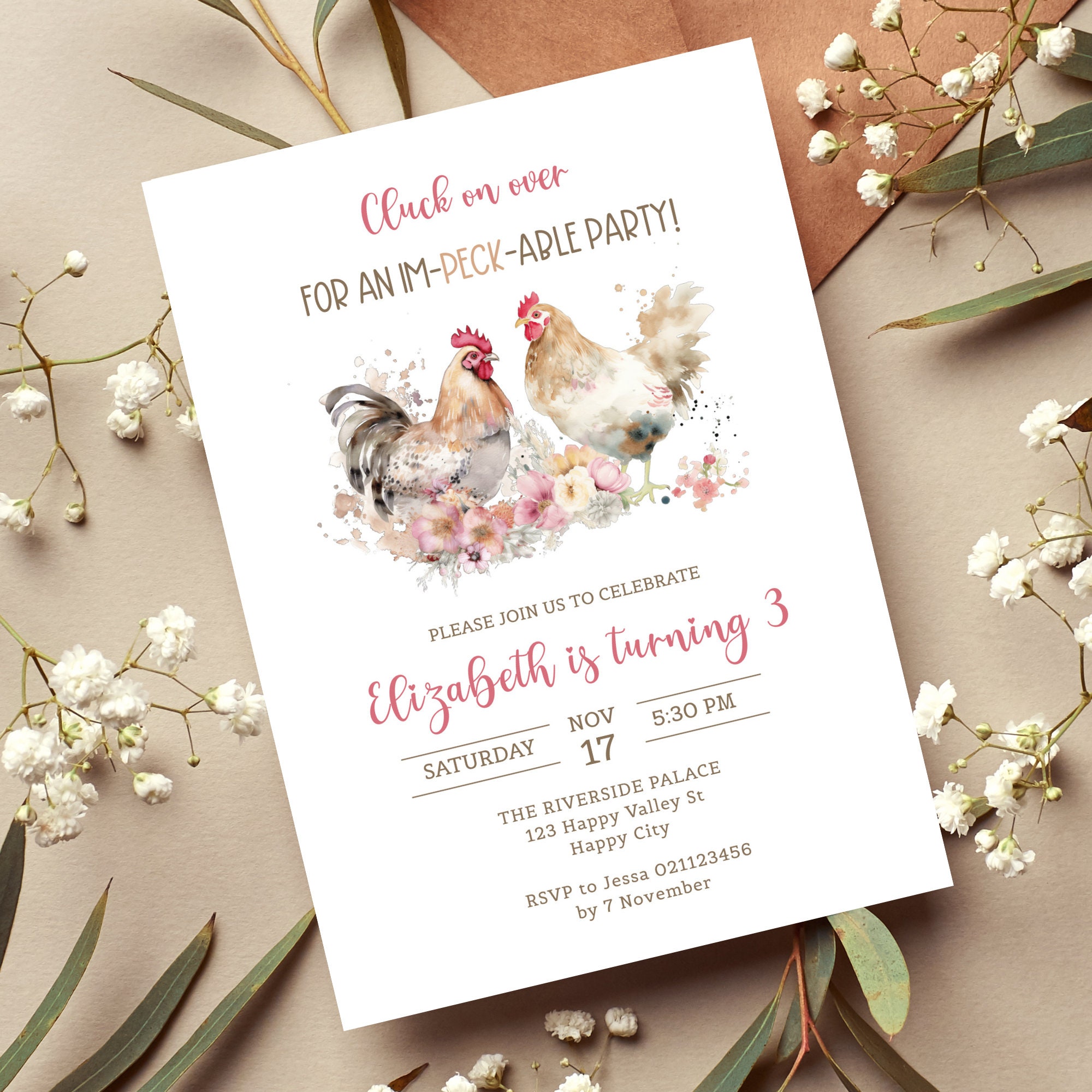Printable Watercolor Chicken Birthday Party Invite Template , Farm ...