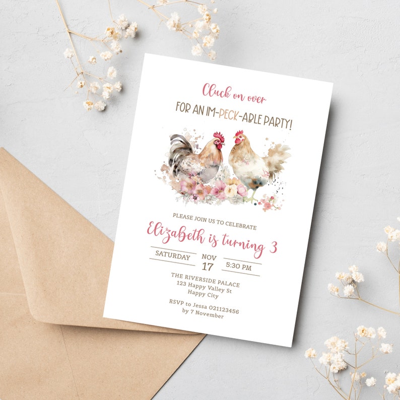 Printable Watercolor Chicken Birthday Party Invite Template , Farm ...