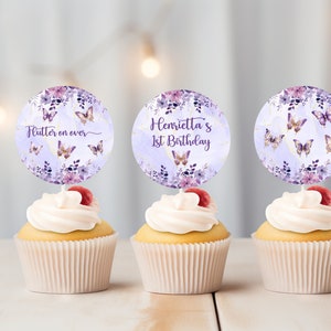 Butterflies Birthday Cupcake Toppers Template, EDITABLE Printable ...