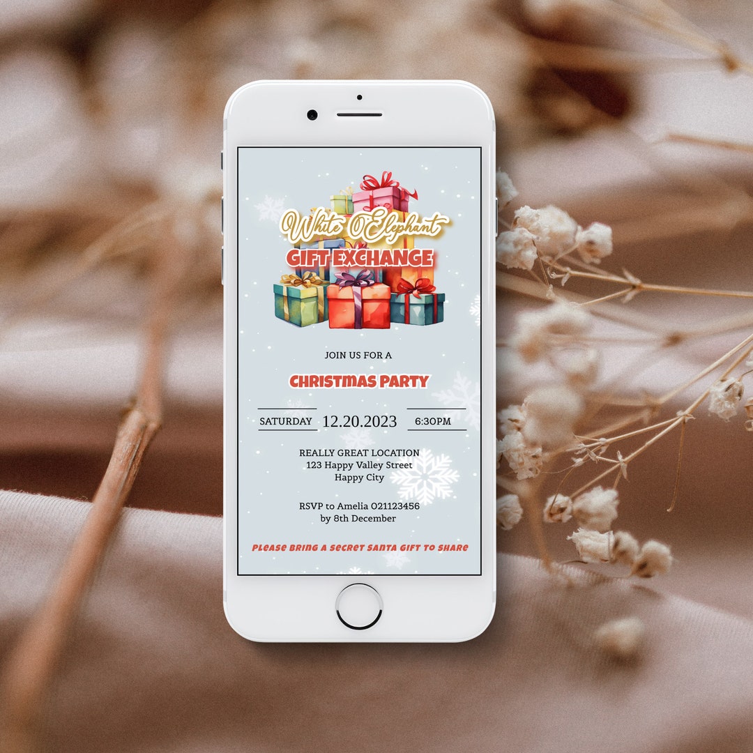 White Elephant Gift Exchange Christmas Party Evite Template, Holiday ...
