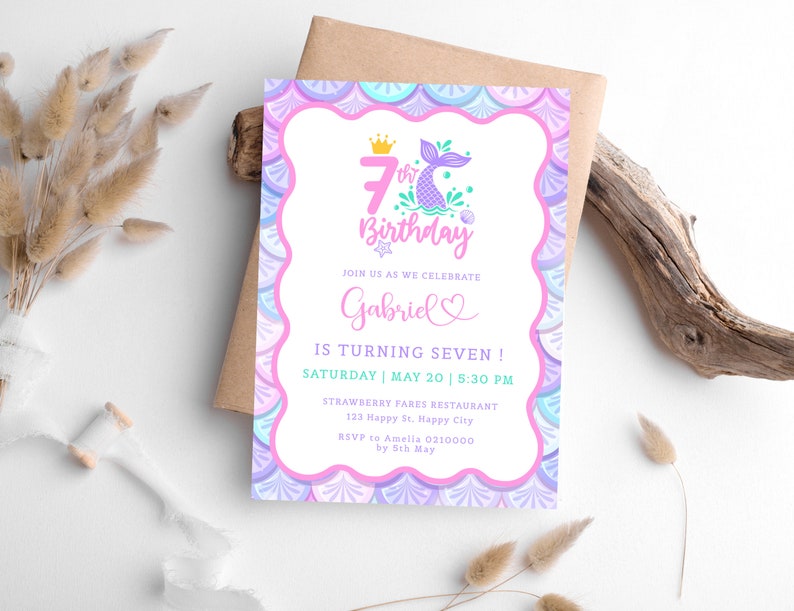 Mermaid 7th Birthday Party Invitations Template, Turning 7 Birthday ...