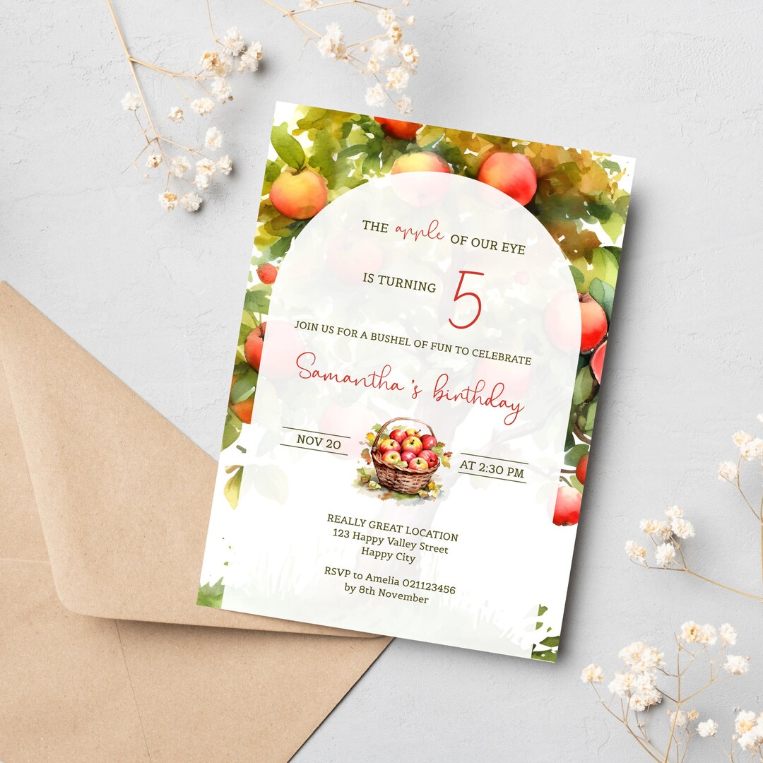 Apple Birthday Invitation , Apple 5th Birthday Invite, Turning Five ...