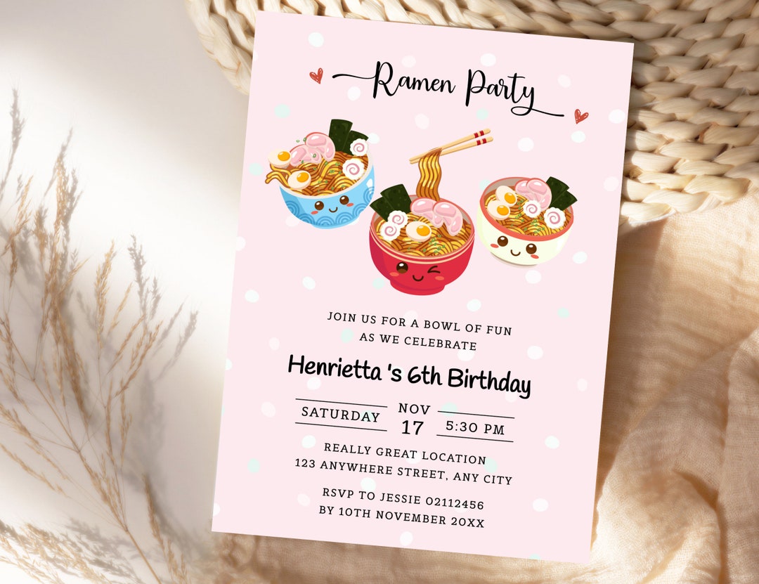 Kawaii Ramen Party Birthday Invite, Bowl of Fun Birthday Invitation ...