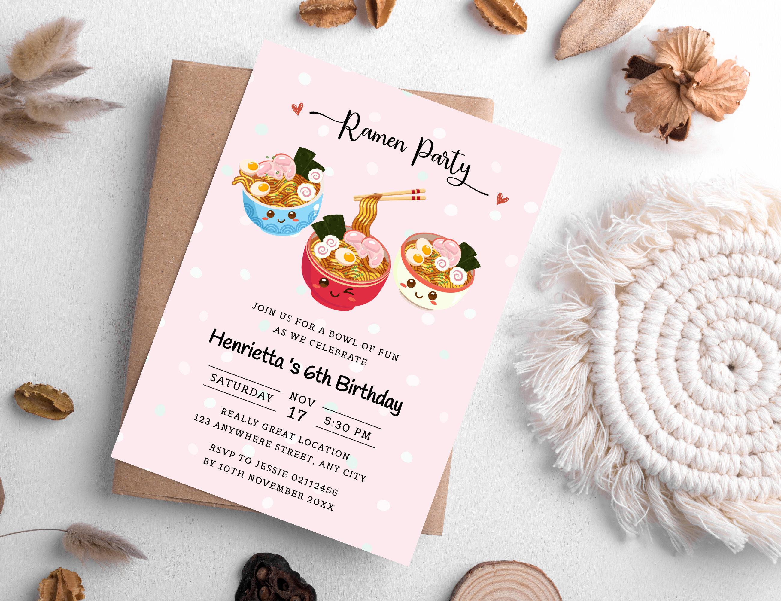 Kawaii Ramen Party Birthday Invite, Bowl of Fun Birthday Invitation ...