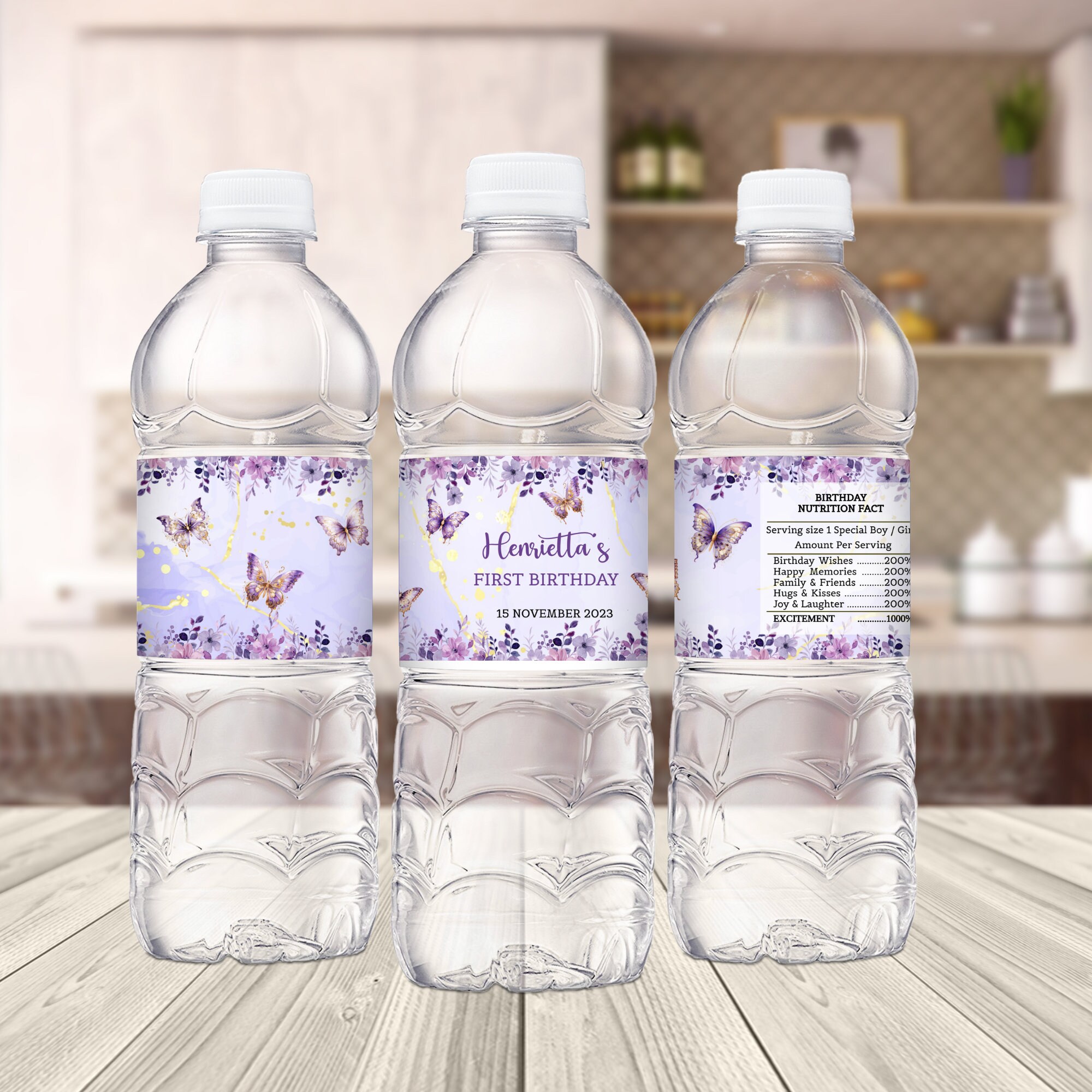Purple Butterflies Birthday Bottle Label, Butterfly 1st Birthday Water ...