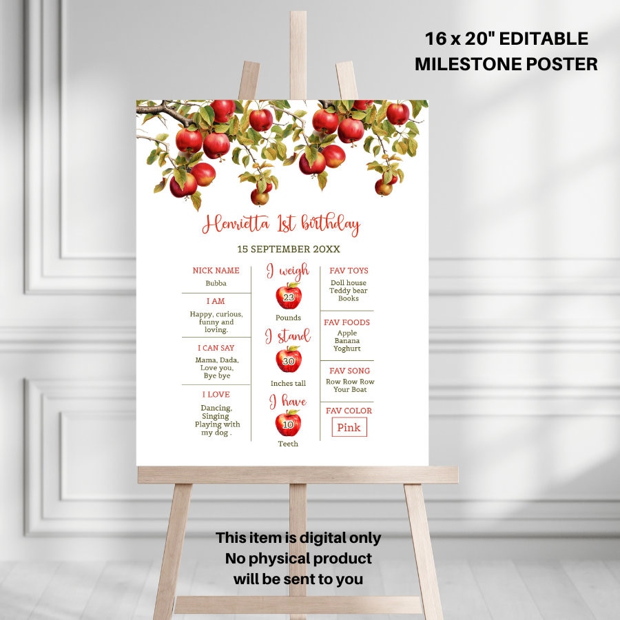 Apple First Birthday Milestone Poster, Apple Harvest 1st Birthday ...
