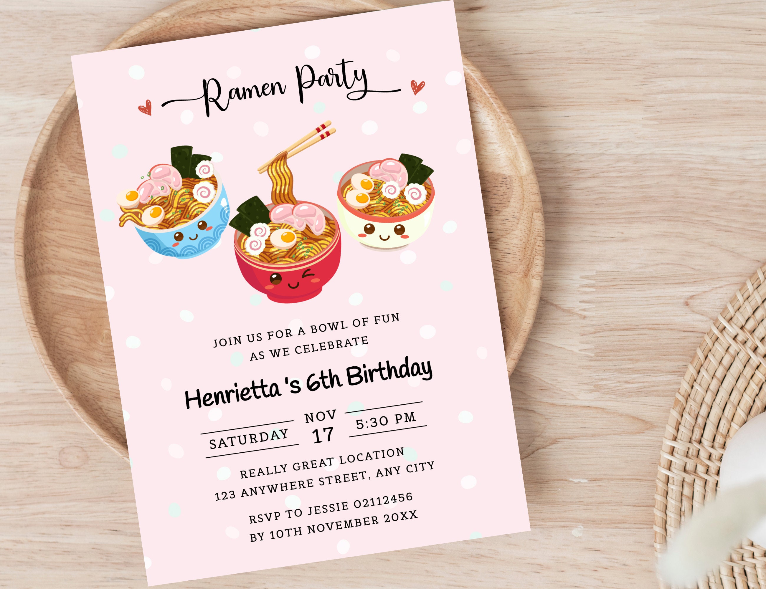 Kawaii Ramen Party Birthday Invite, Bowl of Fun Birthday Invitation ...
