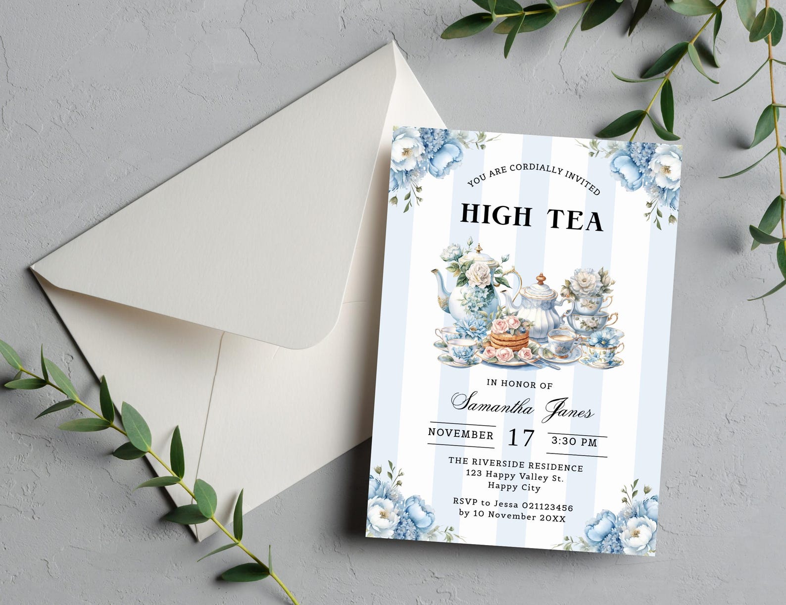 Printable High Tea Party Invite Template, Blue Theme Par-tea Invite ...