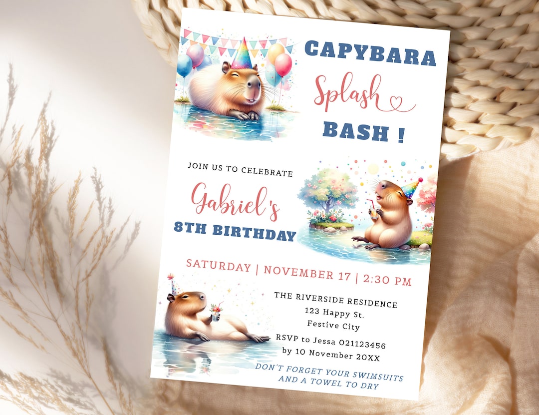 Capybara Splash Bash Birthday Invitation, Capybara 8th Birthday Invite Template, Animal Birthday ...