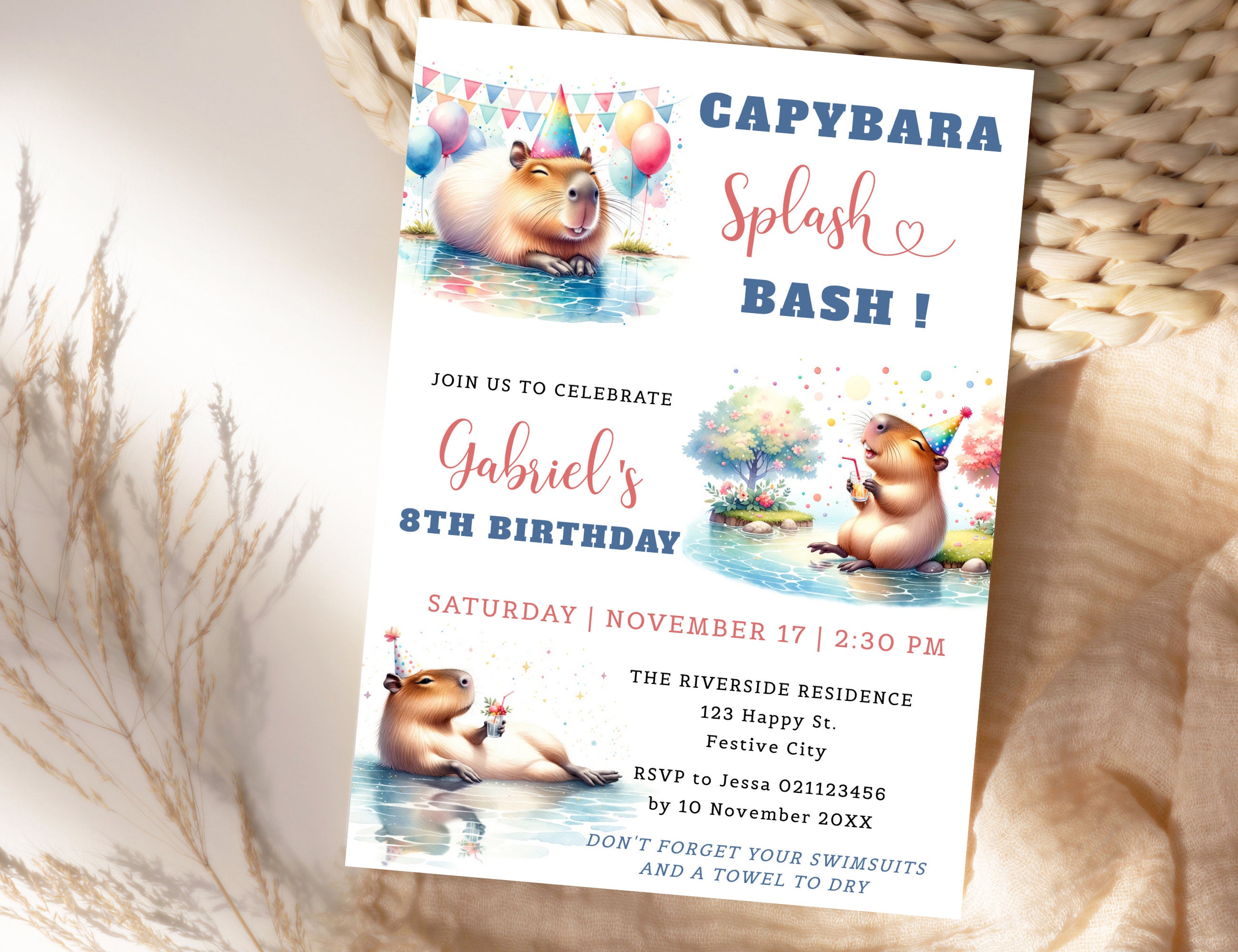 Capybara Splash Bash Birthday Invitation, Capybara 8th Birthday Invite ...