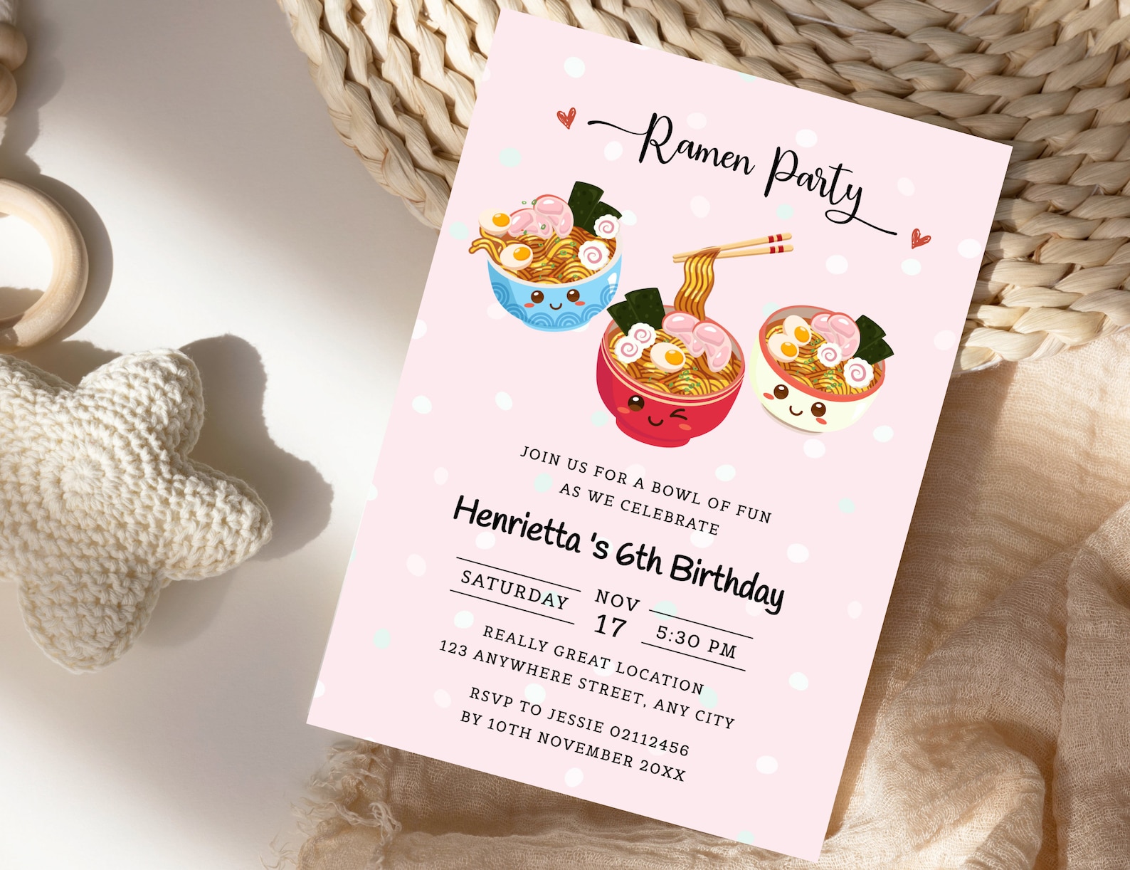 Kawaii Ramen Party Birthday Invite, Bowl of Fun Birthday Invitation ...