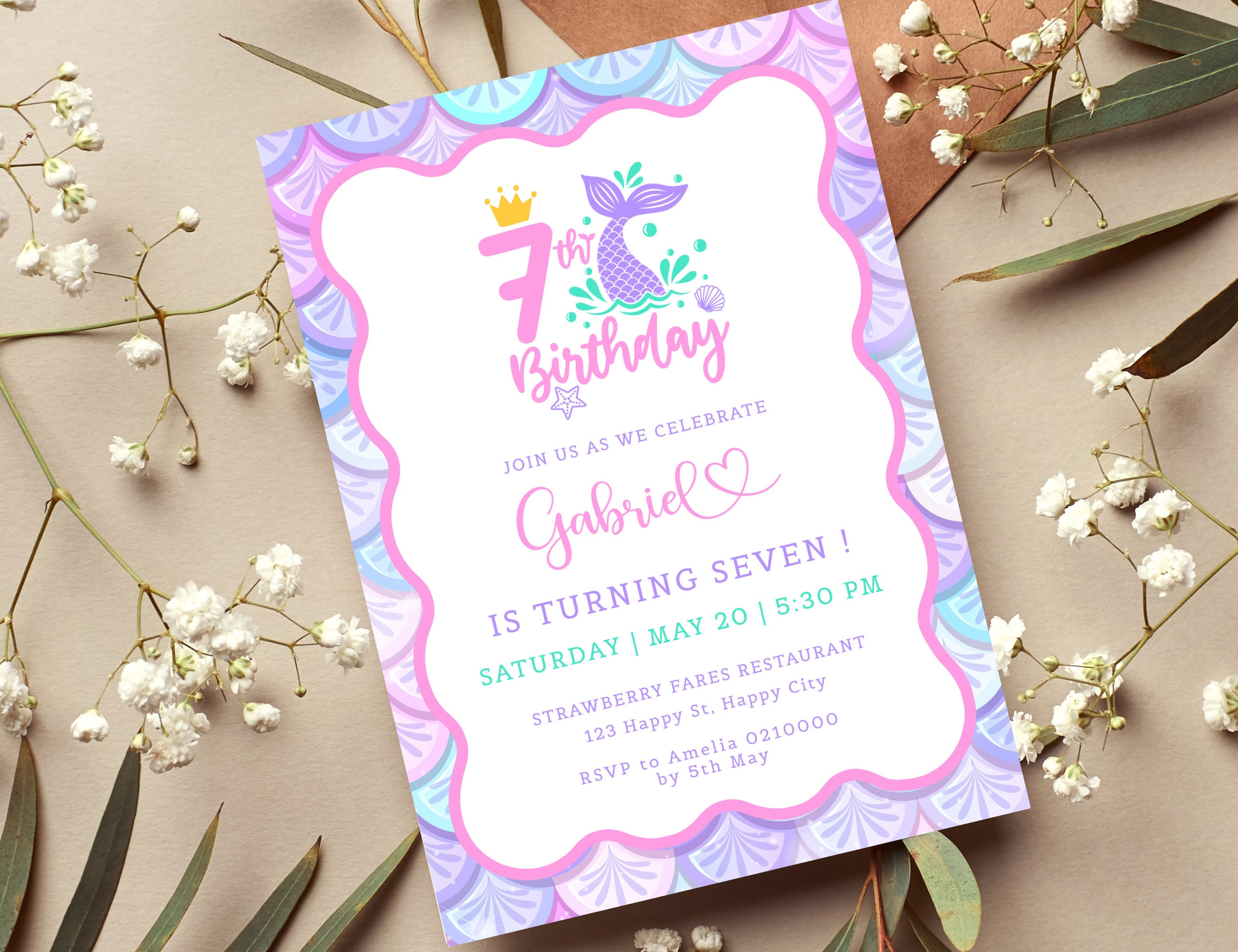 Mermaid 7th Birthday Party Invitations Template Turning 7 - Etsy