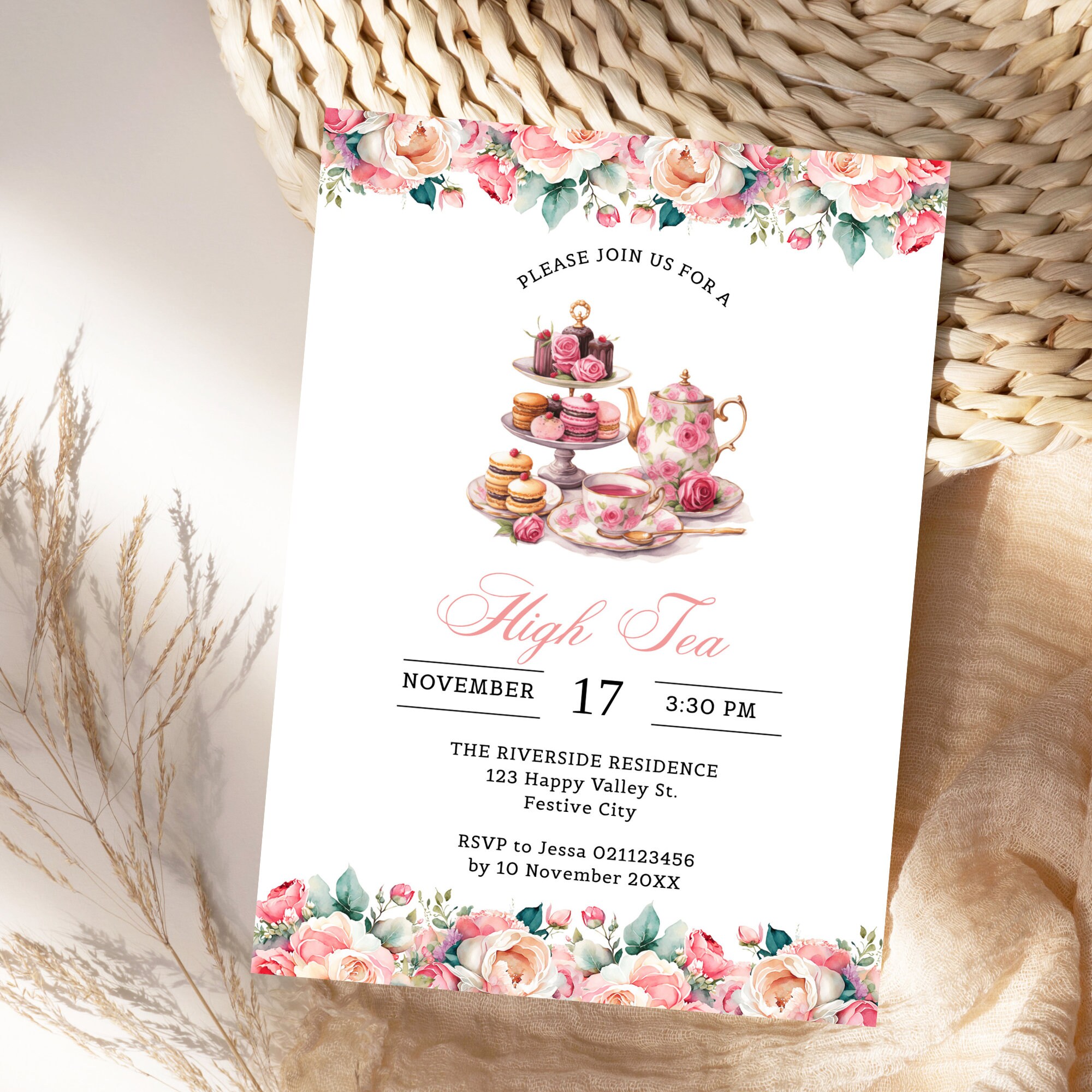 Printable High Tea Party Invite Template, Pink Theme Par-tea Invite ...