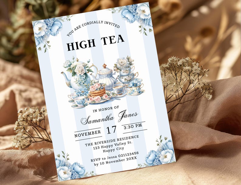 Printable High Tea Party Invite Template, Blue Theme Par-tea Invite ...