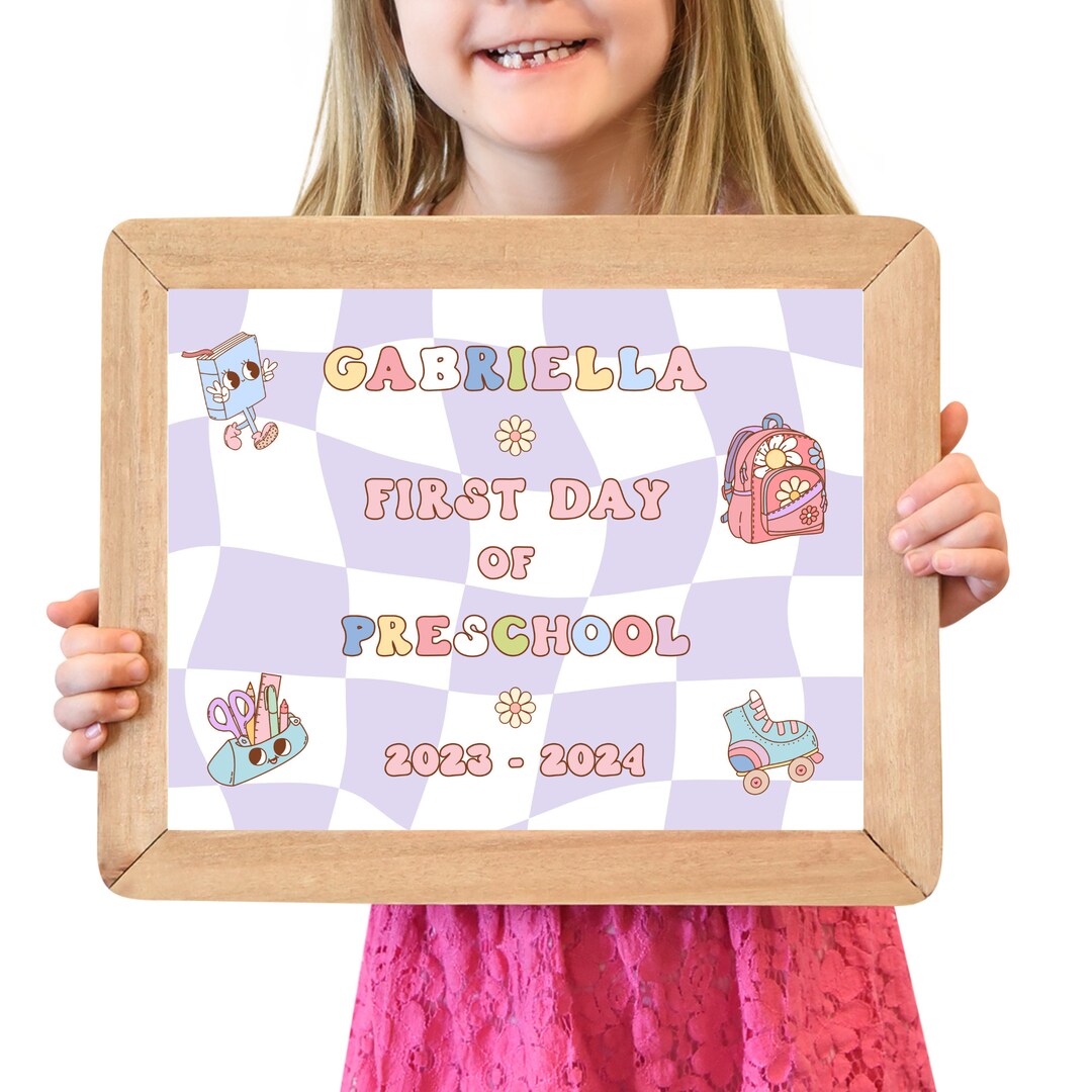 First Day of Preschool School Sign Printable Template, Purple Groovy ...