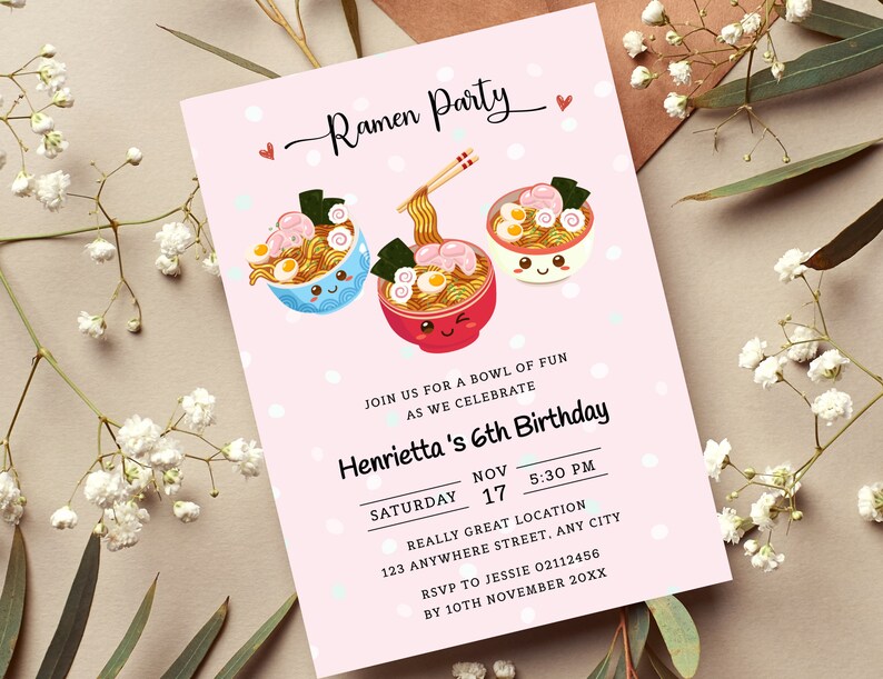 Kawaii Ramen Party Birthday Invite, Bowl of Fun Birthday Invitation ...