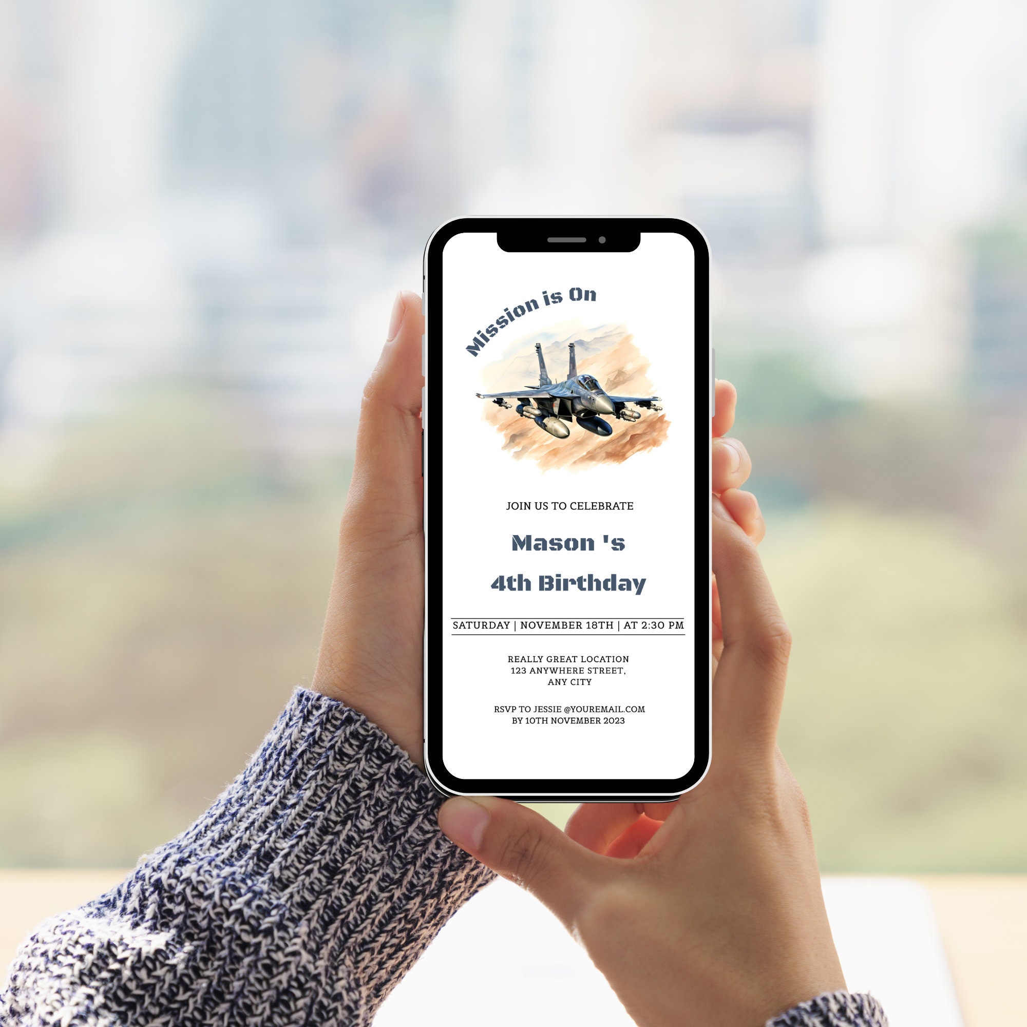 Fighter Jet Birthday Evite Template, Boy Military Birthday Party Phone ...