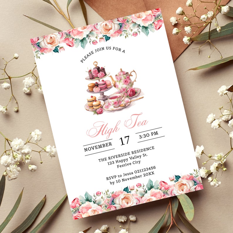 Printable High Tea Party Invite Template, Pink Theme Par-tea Invite ...