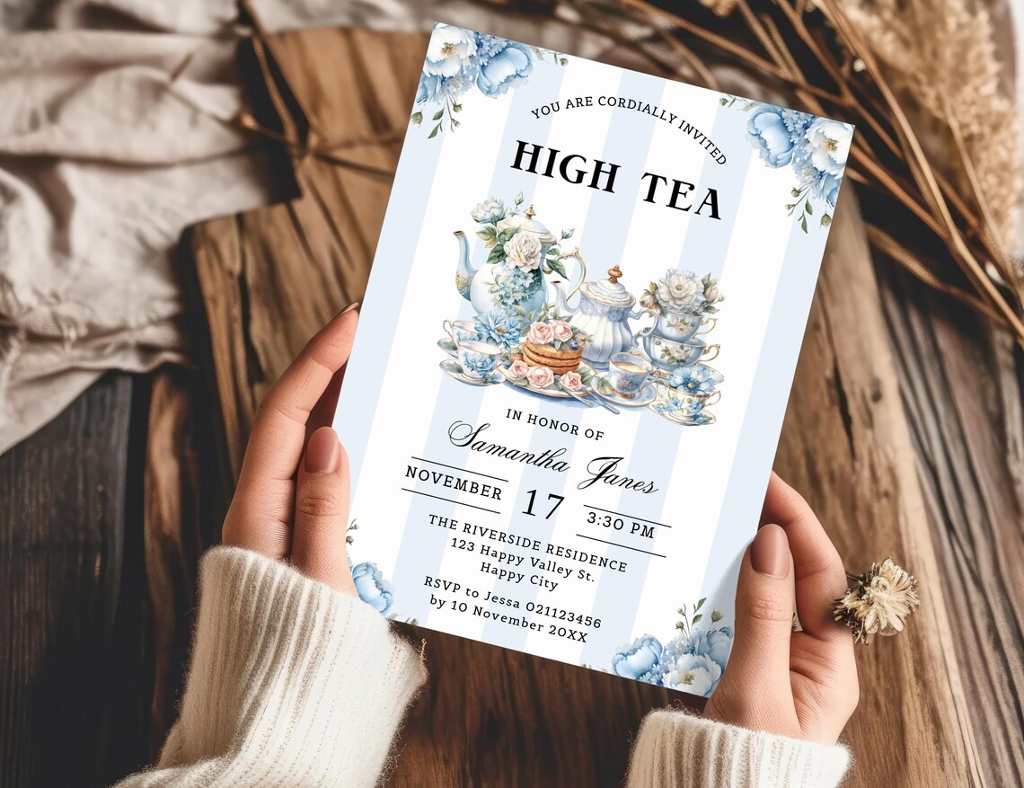 Printable High Tea Party Invite Template, Blue Theme Par-tea Invite ...