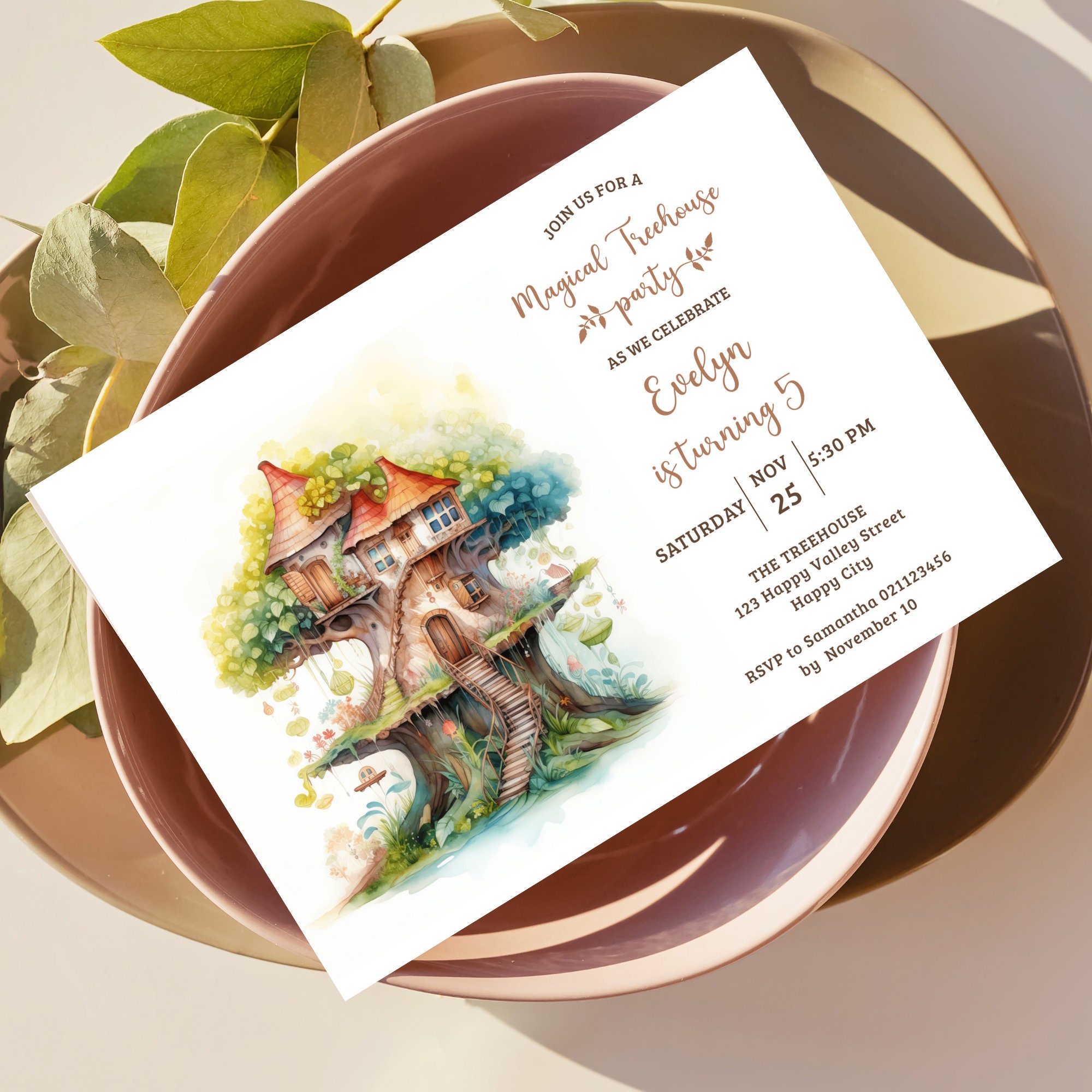 Printable Watercolor Magical Treehouse Birthday Party Invite Template ...