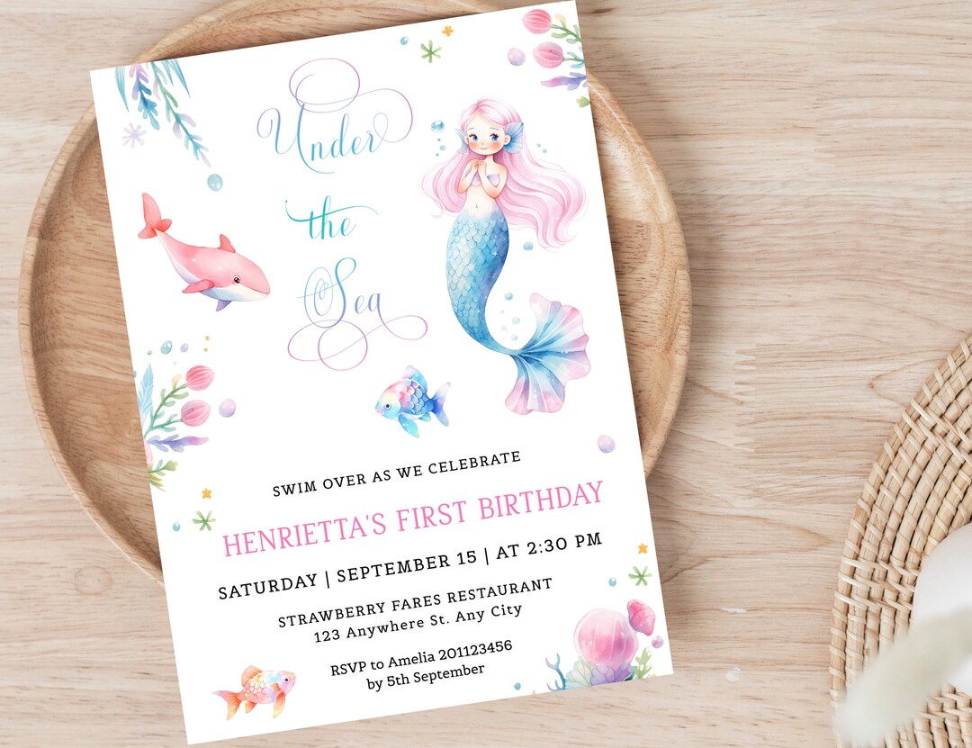 Mermaid 1st Birthday Invitations Template, Under the Sea First Party ...