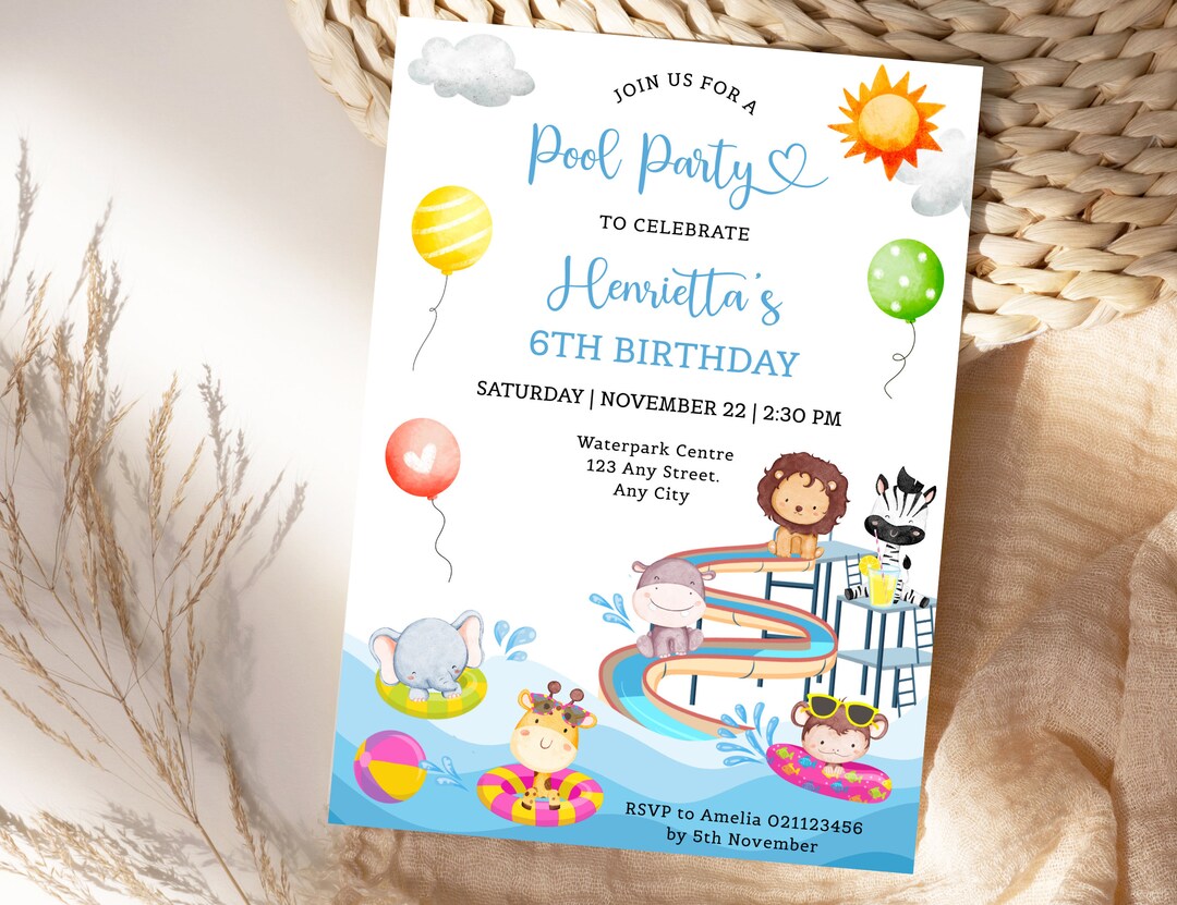 Waterpark Pool Party Invitation, Water Slide Pool Party Template ...