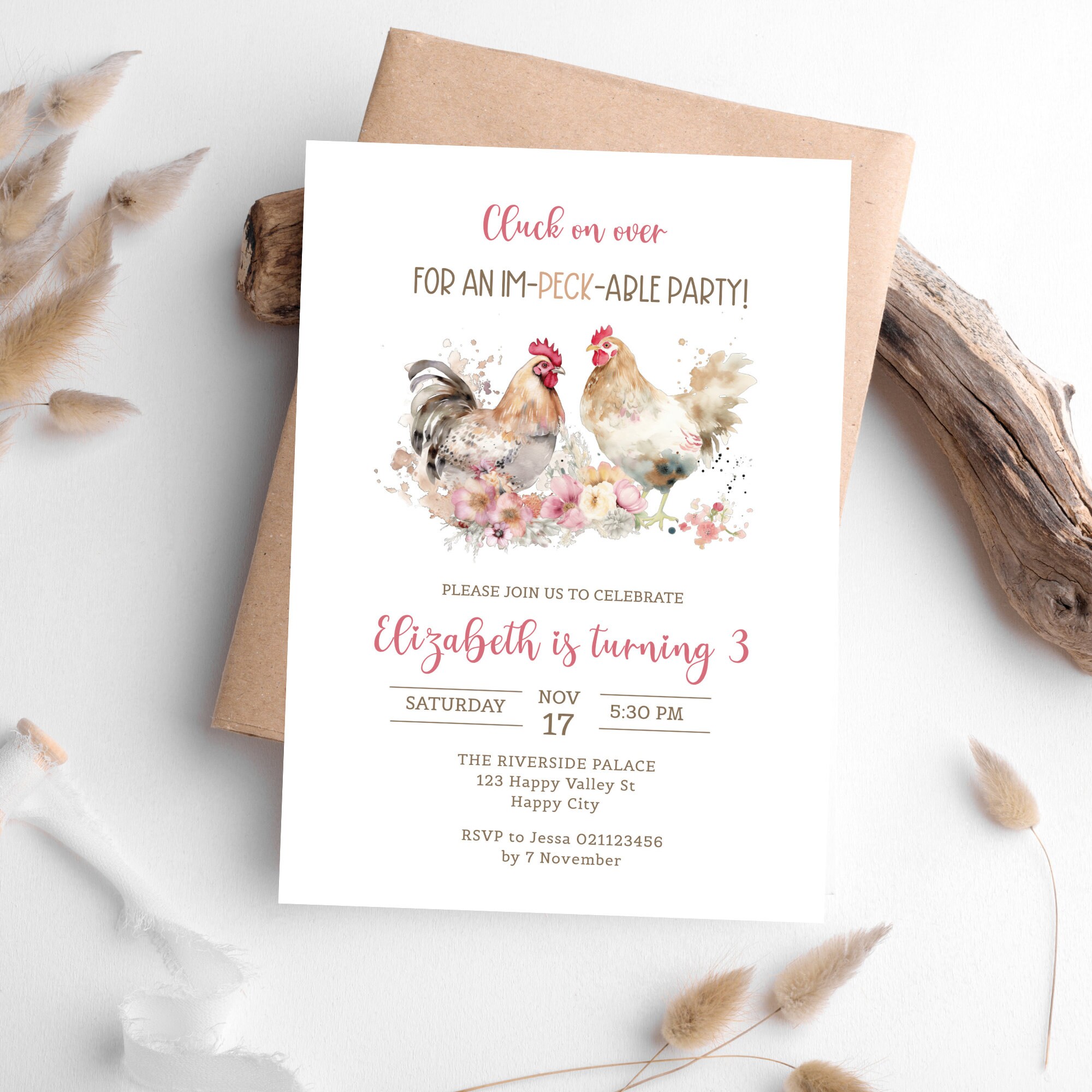 Printable Watercolor Chicken Birthday Party Invite Template , Farm ...
