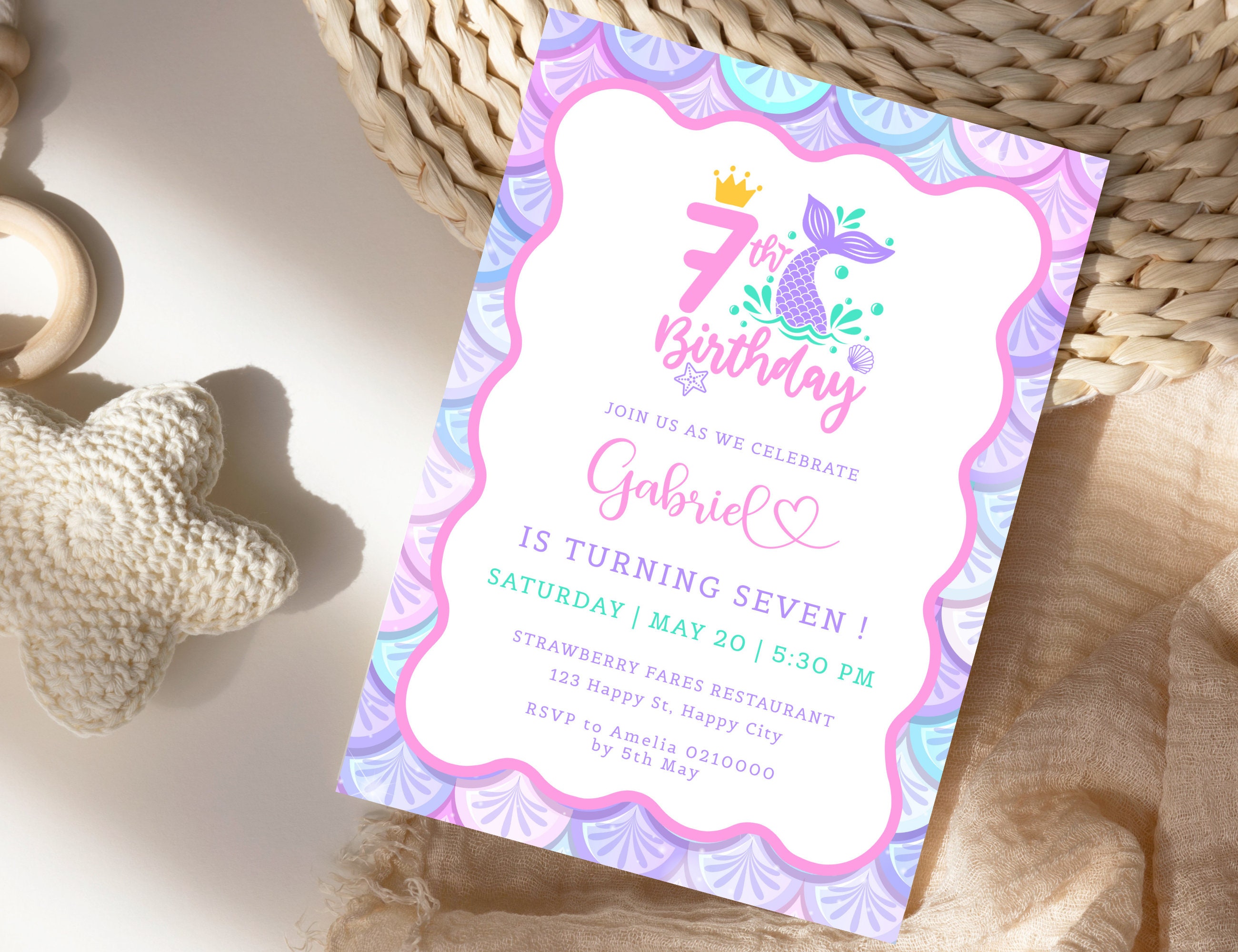Mermaid 7th Birthday Party Invitations Template Turning 7 - Etsy
