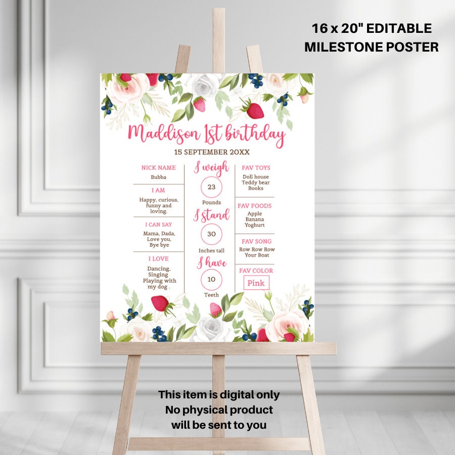 Editable Strawberry Birthday Milestone Board Template| Girl Berry First ...