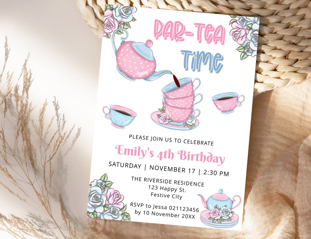 Printable Par-tea Time Birthday Invite Template, Pink Blue 4th Birthday ...