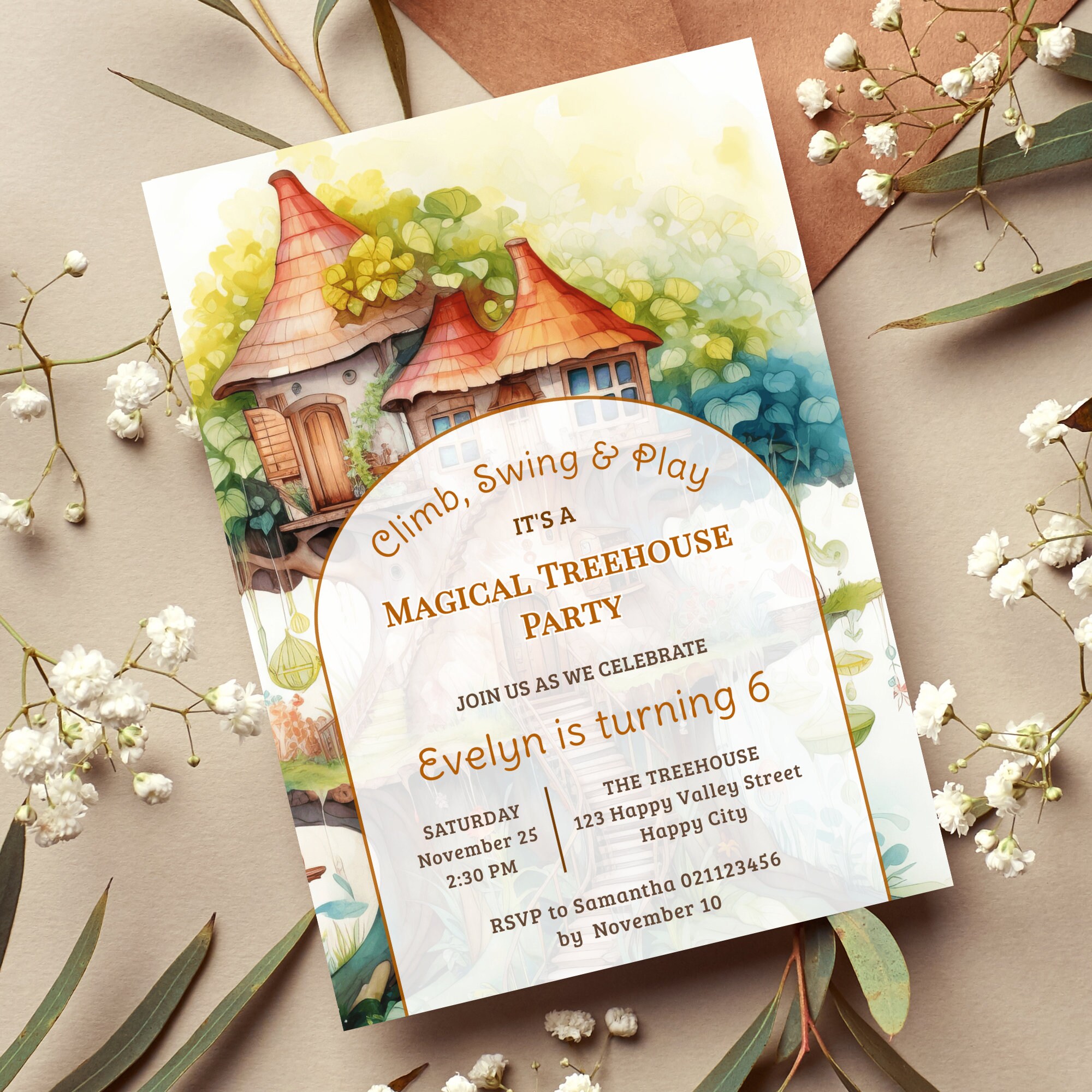 Printable Watercolor Magical Treehouse Birthday Party Invite Template ...