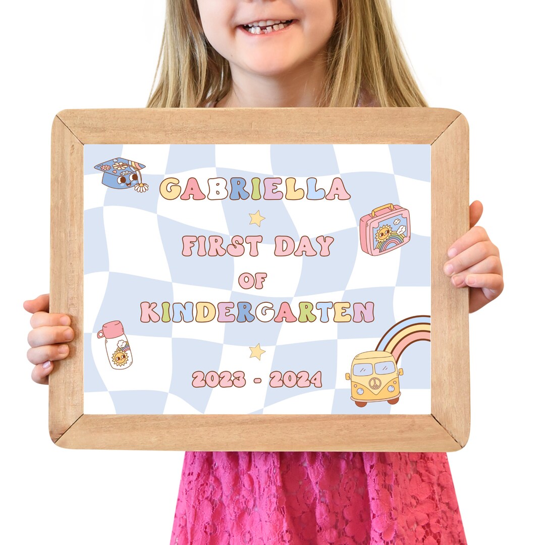 First Day of Kindergarten School Sign Printable Template, Blue Groovy ...