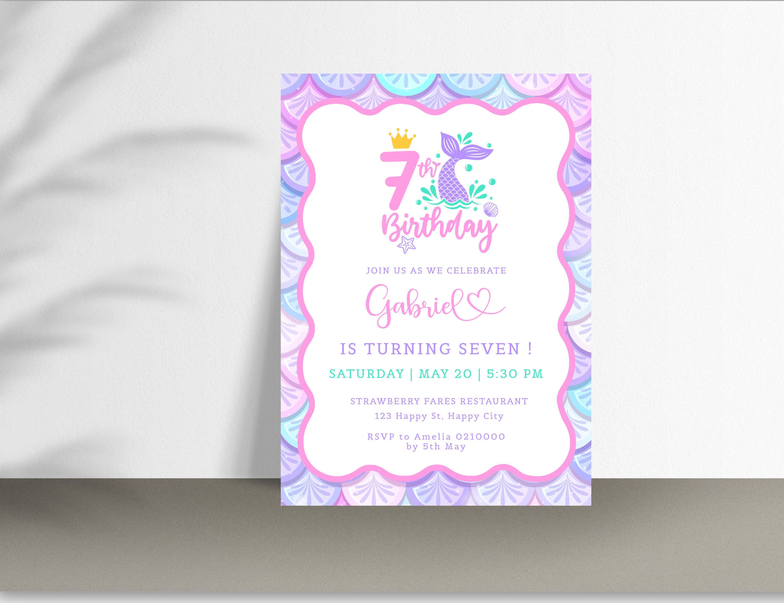Mermaid 7th Birthday Party Invitations Template Turning 7 - Etsy