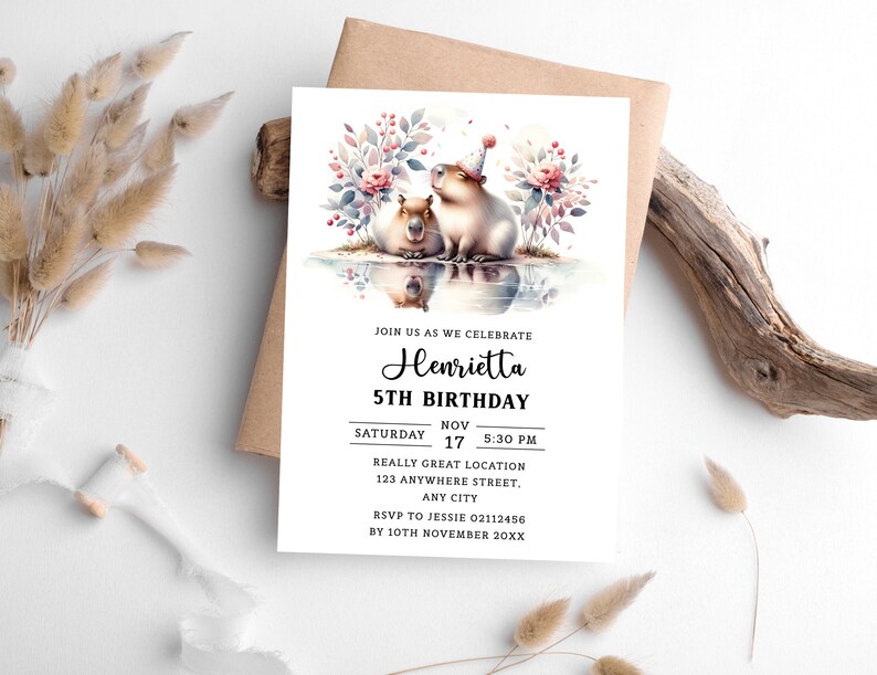 Capybara 5th Birthday Invitation, Animal Birthday Invite Template ...