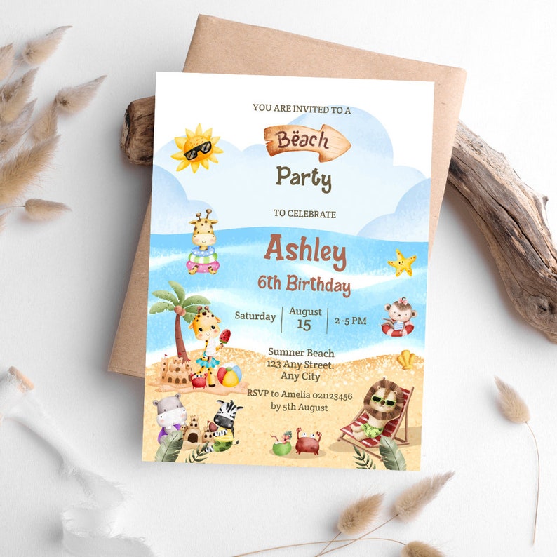 Editable Beach Party Birthday Invitation Beach Birthday Invitation ...