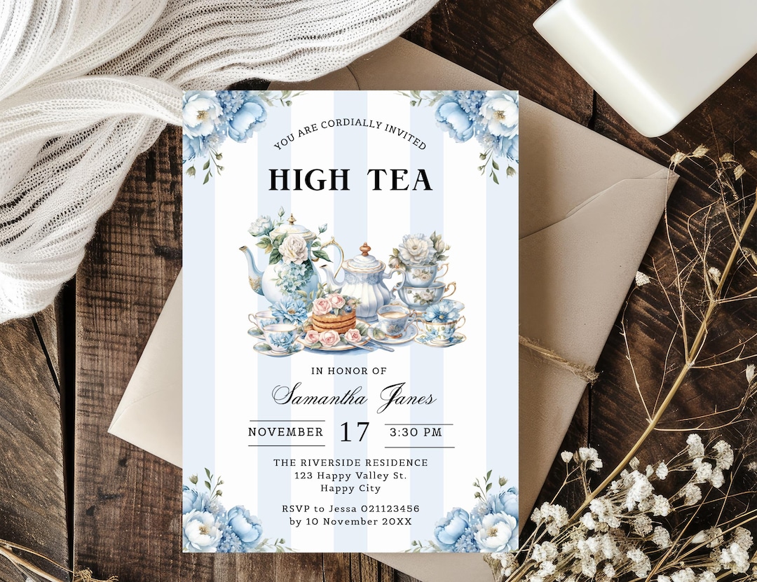 Printable High Tea Party Invite Template, Blue Theme Par-tea Invite ...