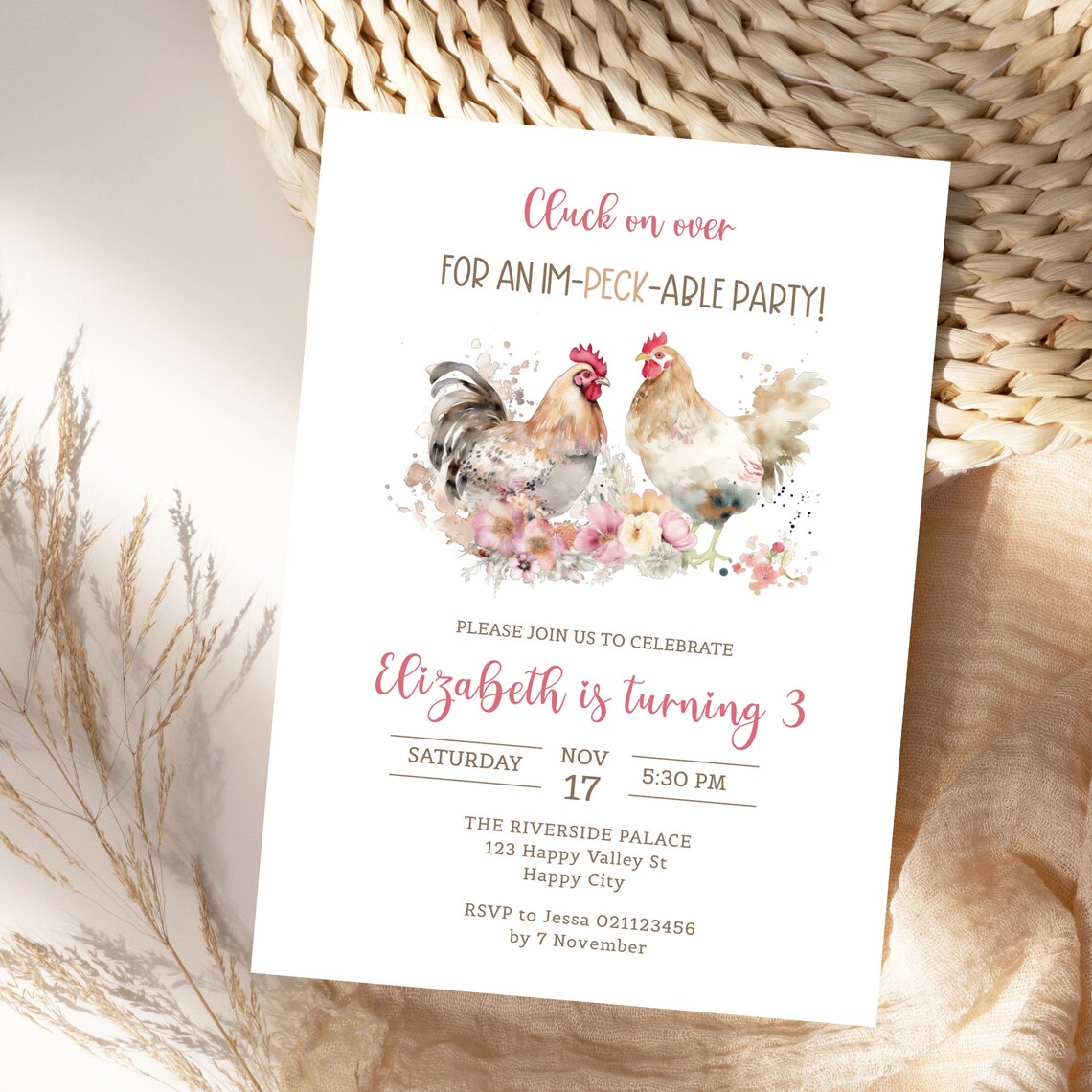 Printable Watercolor Chicken Birthday Party Invite Template , Farm ...