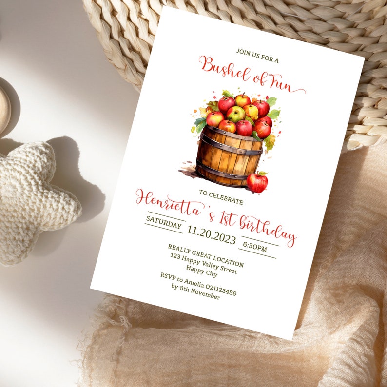 Apple First Birthday Printable Invitation Evite Template - Etsy