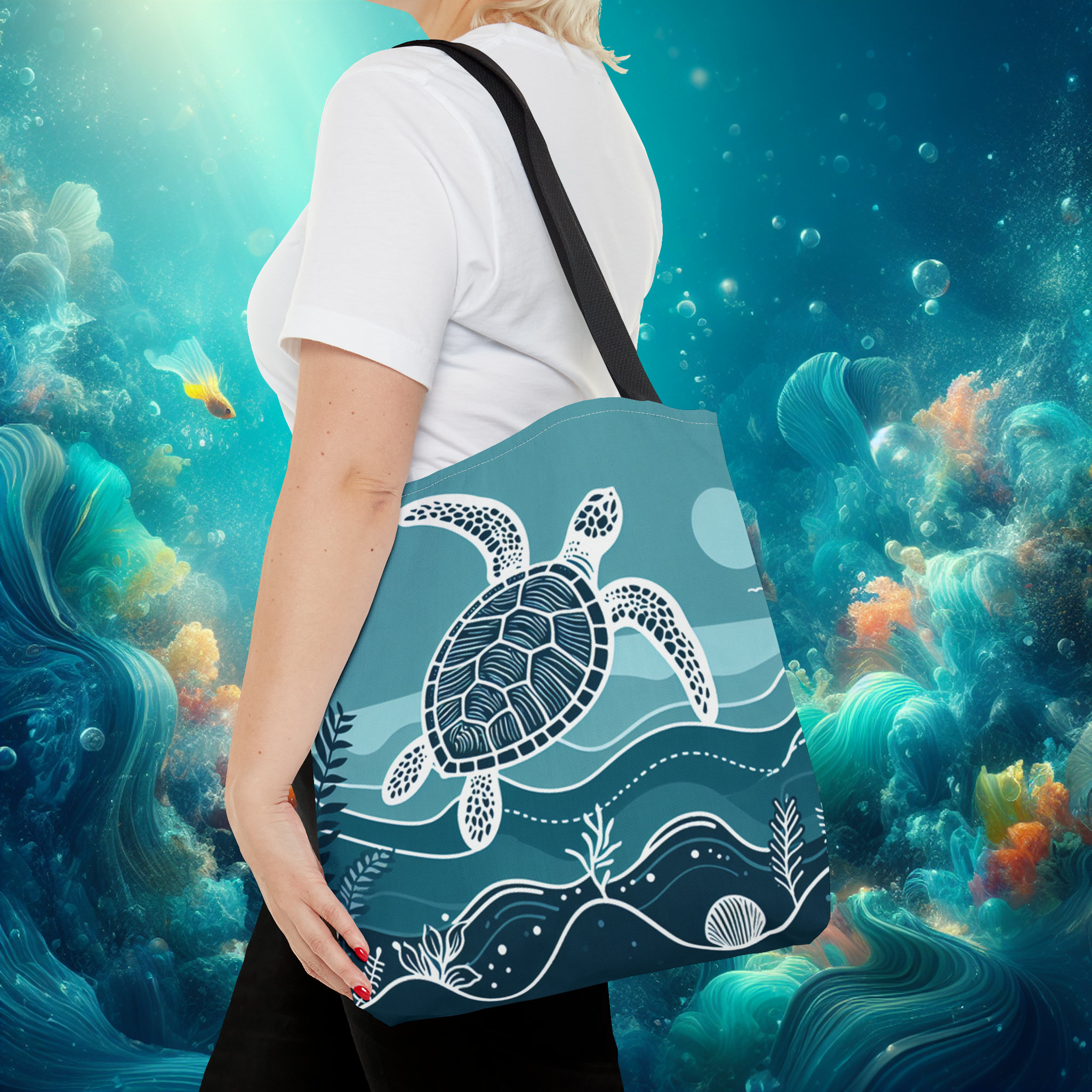Colorful Sea Turtle Tote Bag, Blue Turtle Purse, Animal Beach Bag Gift ...