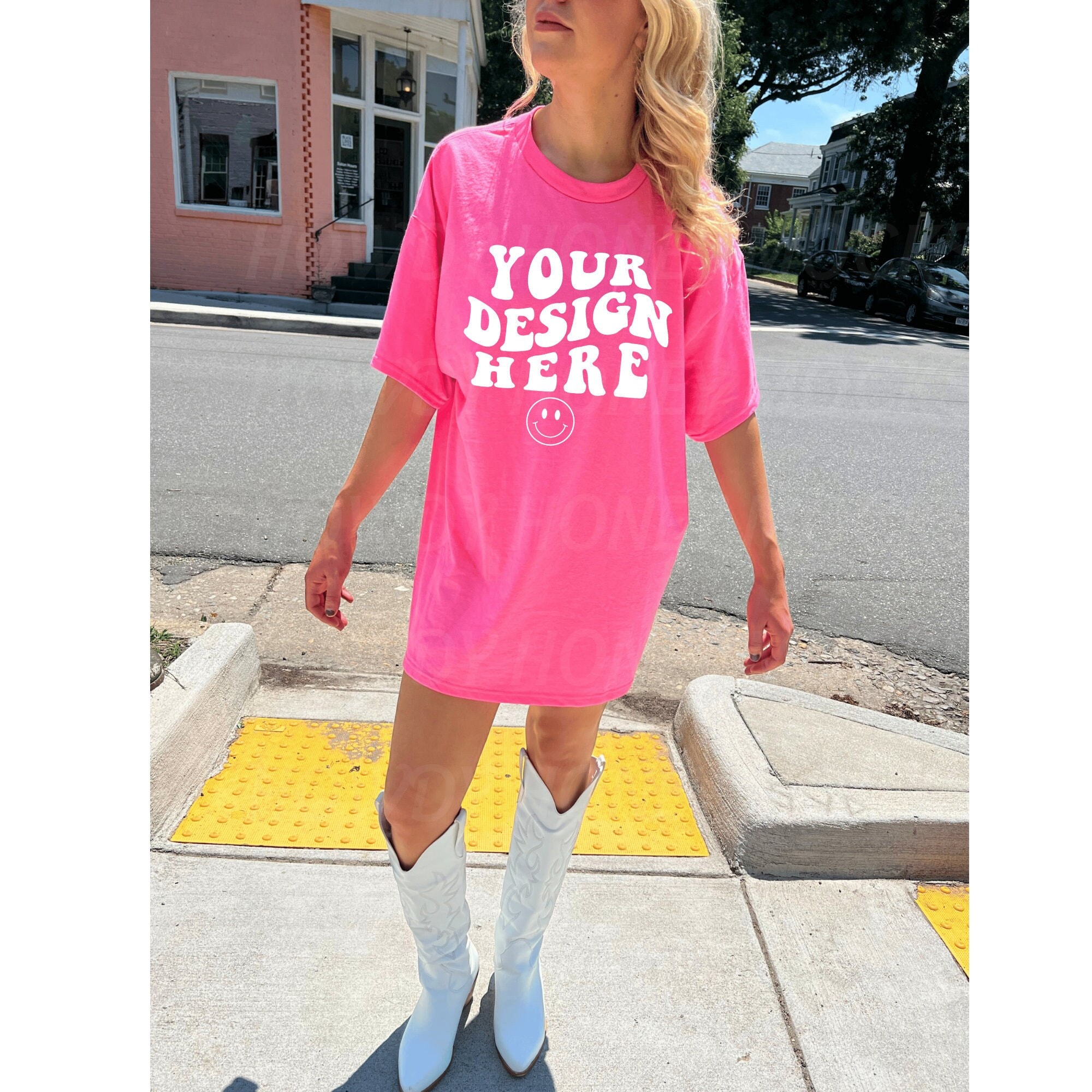 Gildan 5000 Safety Pink Shirt Mockup Oversized Neon Pink Shirt Model ...