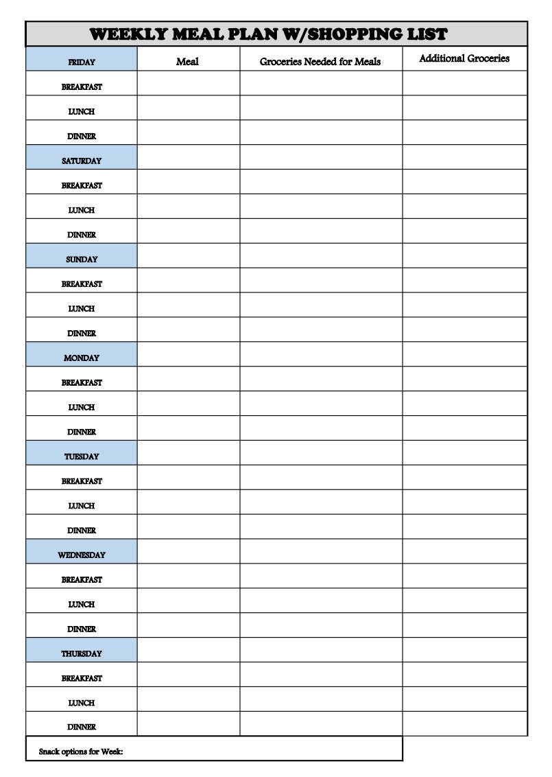Weekly Meal Plan With Grocery List - Etsy
