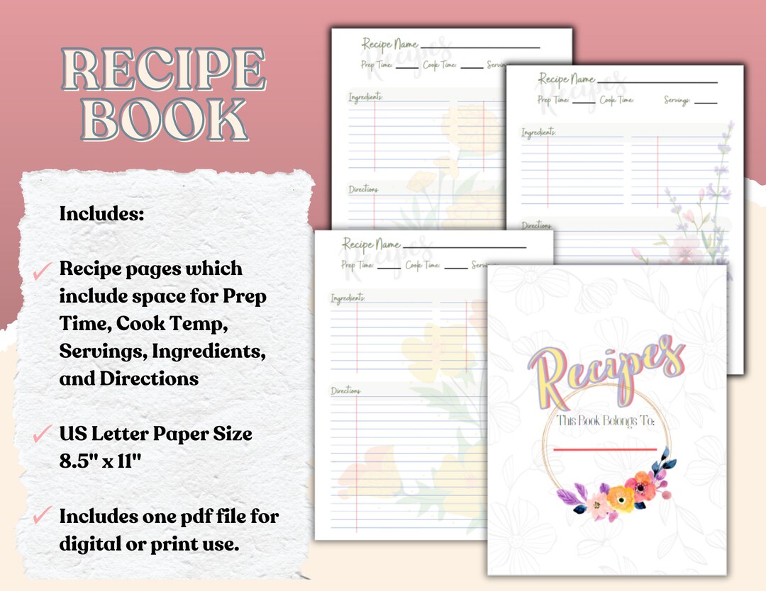 Printable/pdf Fillable Recipe Book | Printable Cookbook Template ...