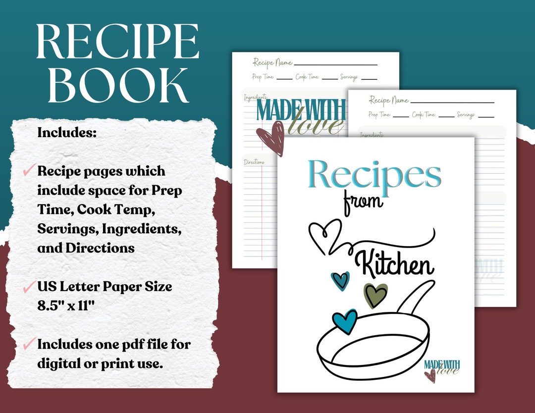 Made With Love | Printable Recipe Book | Printable Cookbook Template ...