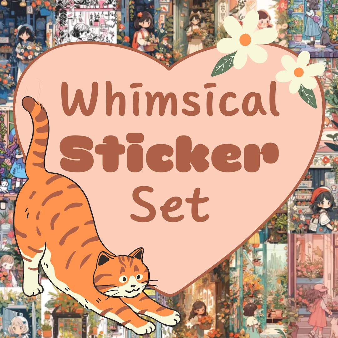 Whimsical STICKER Set! Sweet Kawaii Girls and Cats in Flower Shops ...