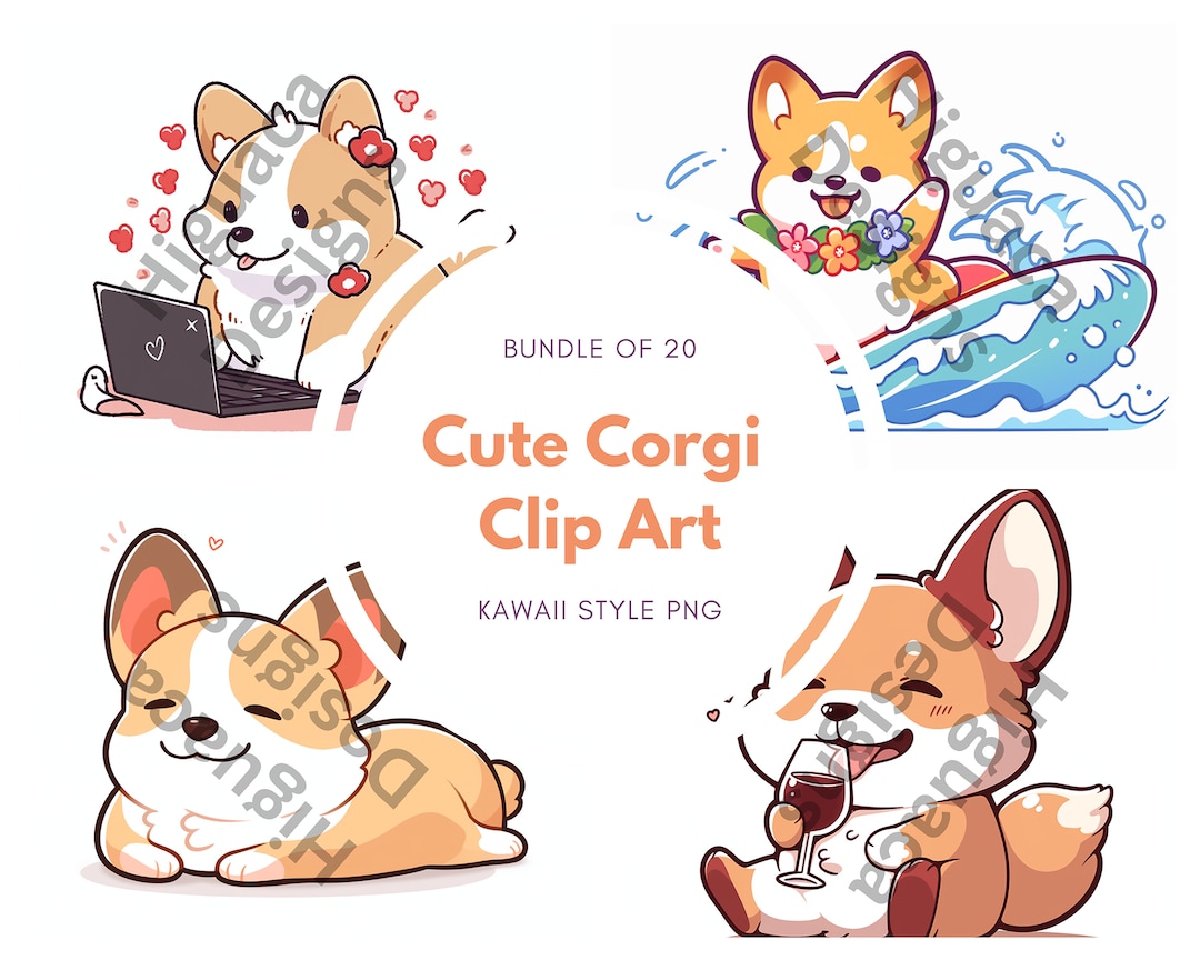 Cute Corgi Graphic Clipart, Kawaii Style, PNG, Commercial Use, Bundle 2 ...