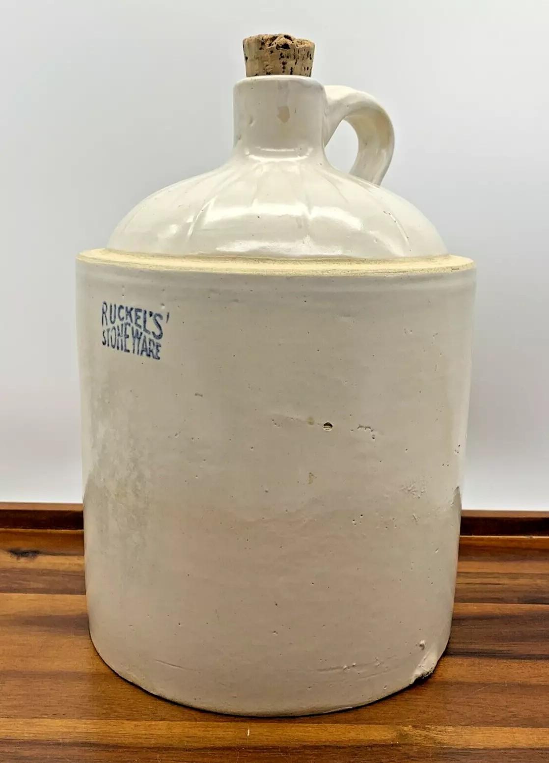Antique Ruckel's Stoneware Crock Jug 1 Gallon 10" Tall White Hall ...