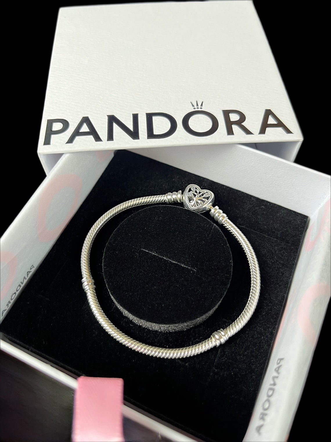 Sterling Silver Pandora Bracelet | Family Tree Heart Clasp, Snake Chain ...