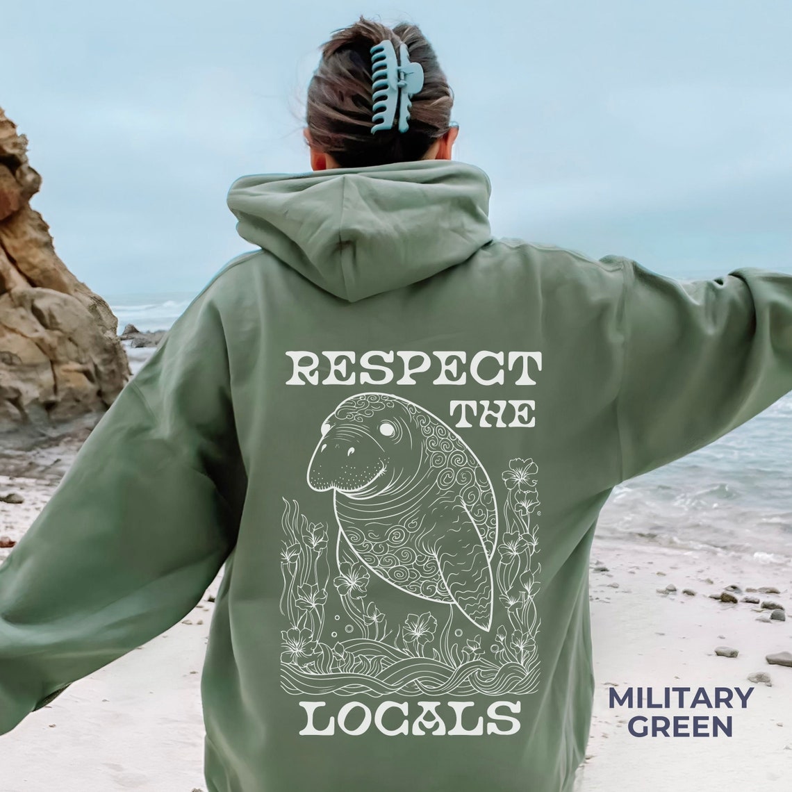 Manatee Respect the Locals Back Print Hoodie Coconut Girl Sweatshirt ...