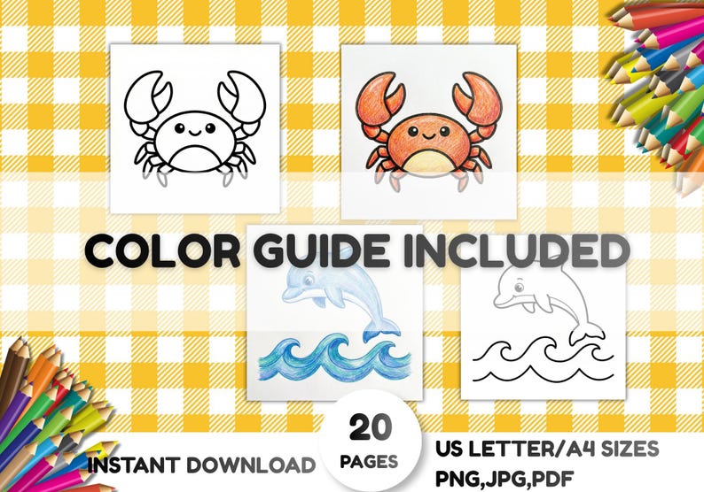 Kawaii Summer Coloring Pages | Beach, Sea Animals, Ice Cream (digital ...