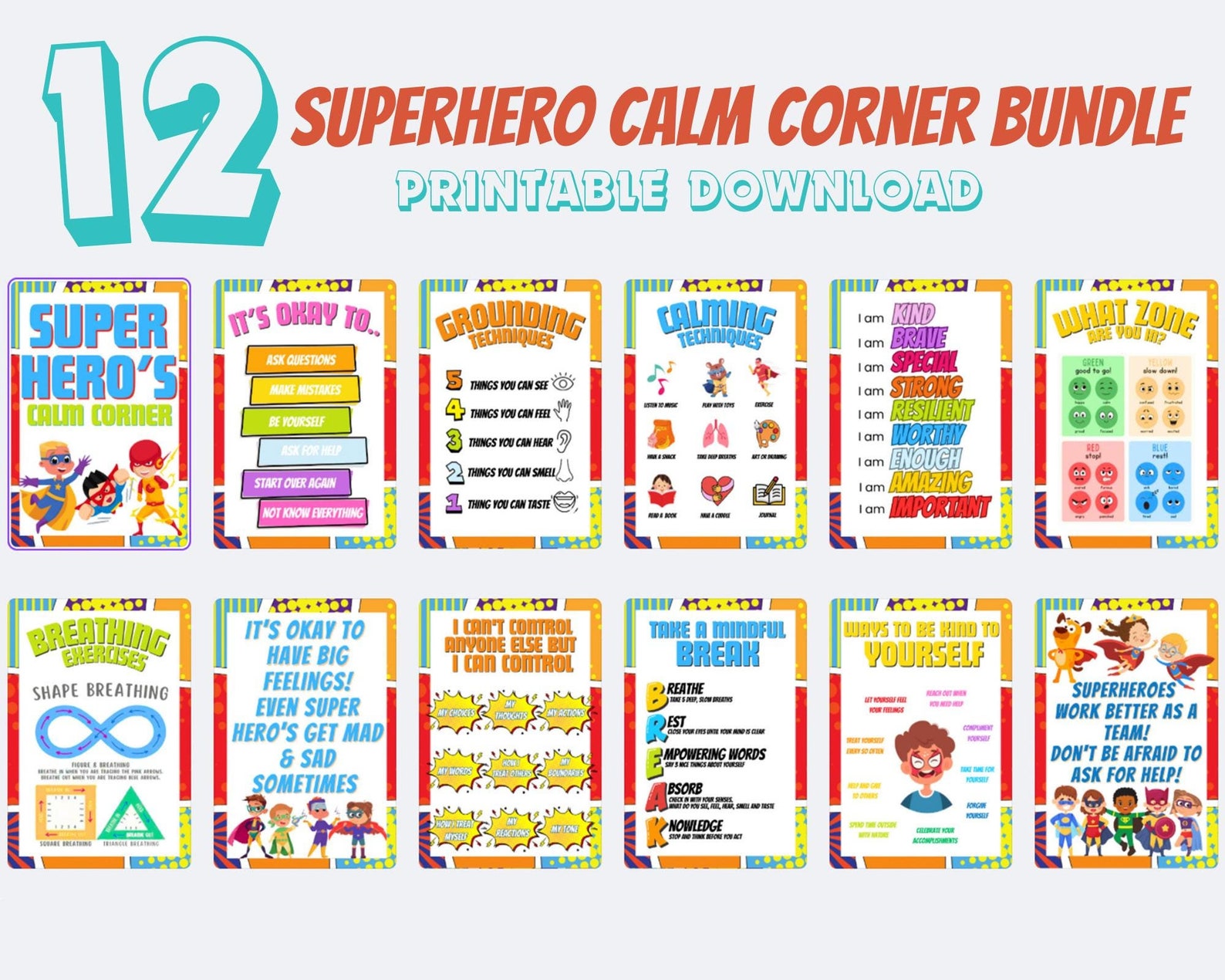 Calm Corner Superhero Edition 12 Printable Decor Wall Art Emotional ...